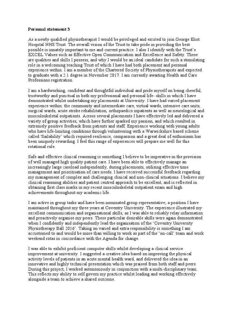 Physio Personal Statement 3 | PDF | Physical Therapy | Patient