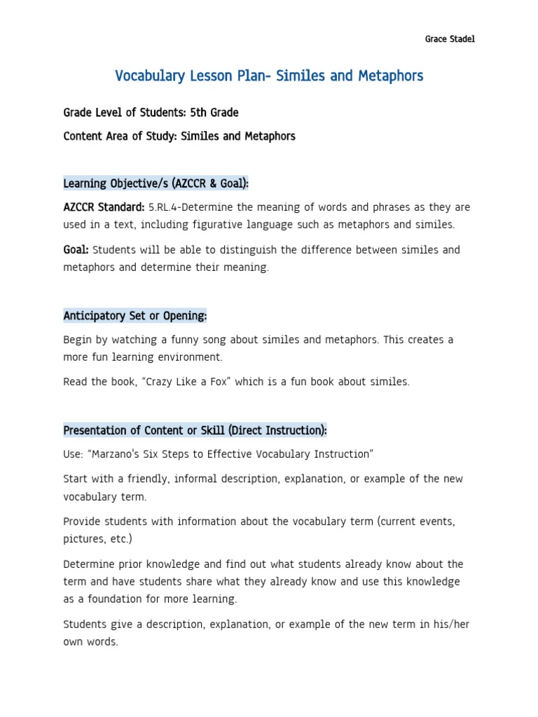 Vocabulary Lesson Plan Final | PDF | Lesson Plan | Vocabulary