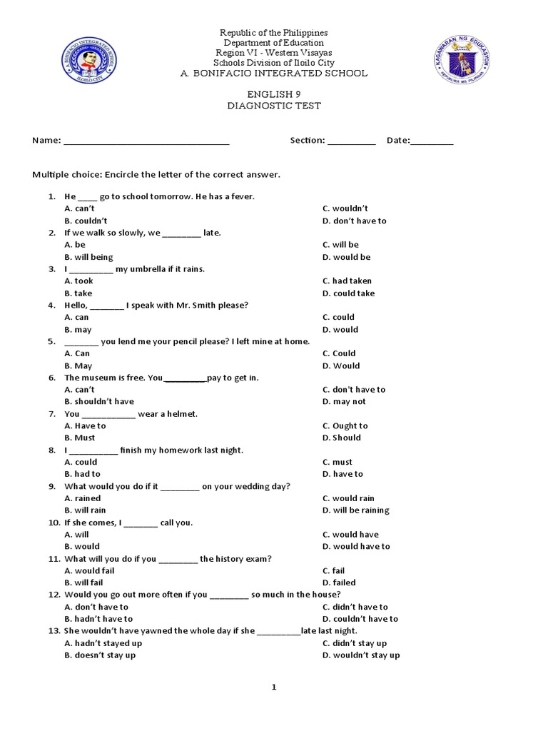 A. Bonifacio Integrated School English 9 Diagnostic Test | PDF | Bias ...
