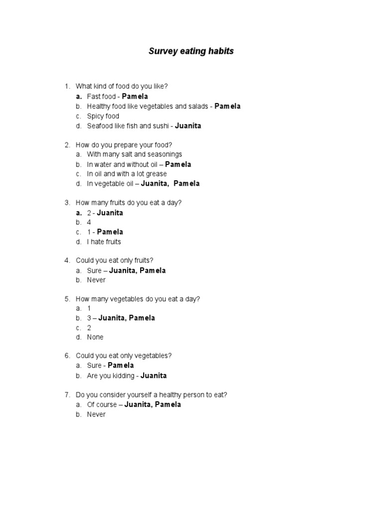 Survey Eating Habits: A. Pamela Pamela Juanita | PDF | Foods | Food And ...