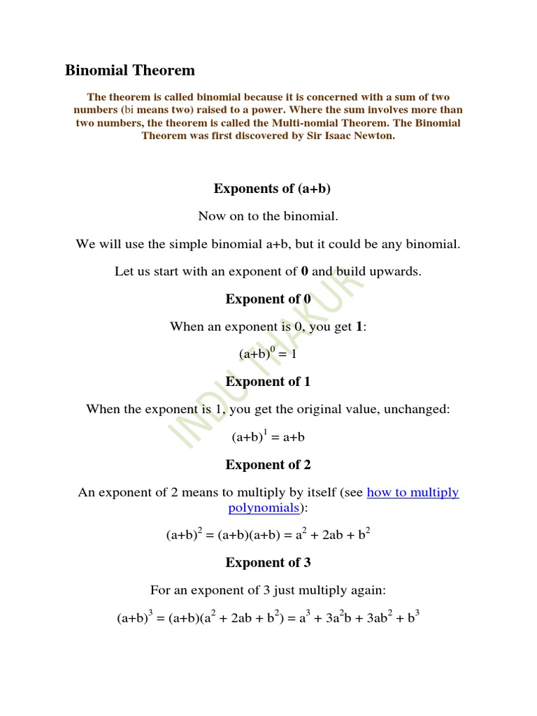 Binomial Theorem: Exponents of (A+b) | PDF | Discrete Mathematics ...