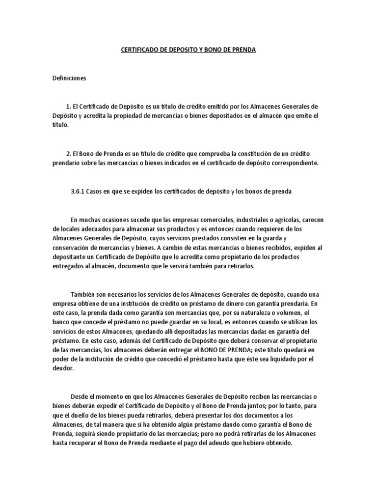 Certificado De Deposito Y Bono De Prenda Pdf Pagaré Finanzas