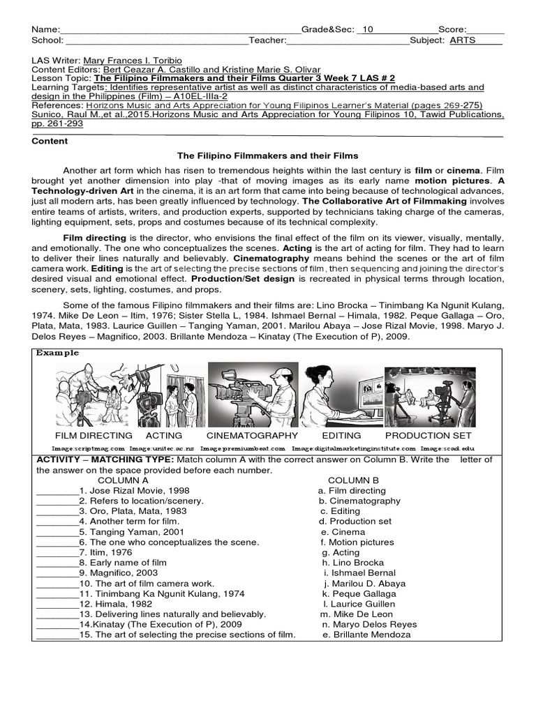 Arts 10 Quarter 3 Week 7 Las # 2 | PDF | Cinematography