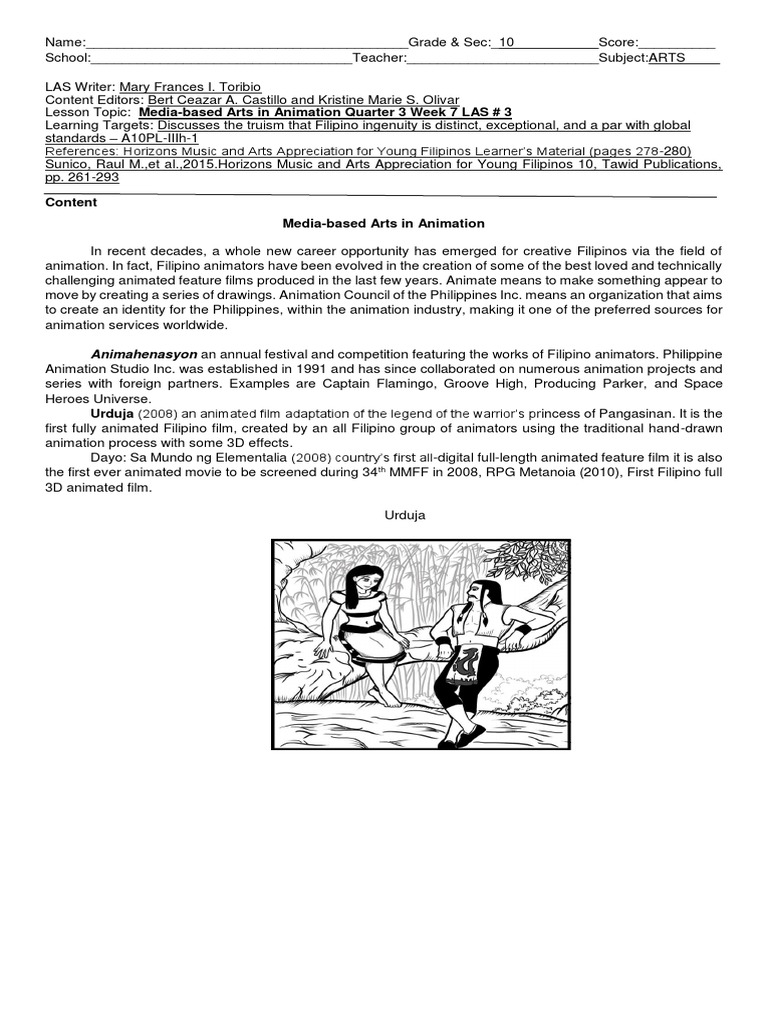 Arts 10 Quarter 3 Week 7 Las # 3 | PDF | Philippines | Animation