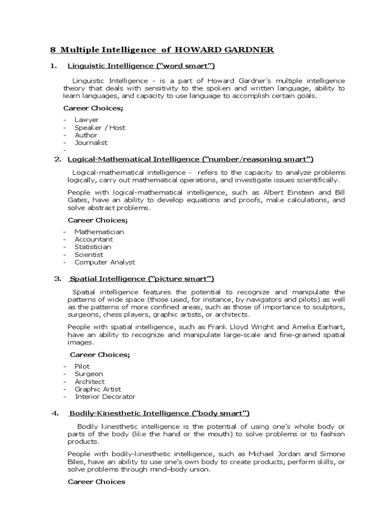 8 Multiple Intelligence of HOWARD GARDNER | PDF | Intelligence | Cognition