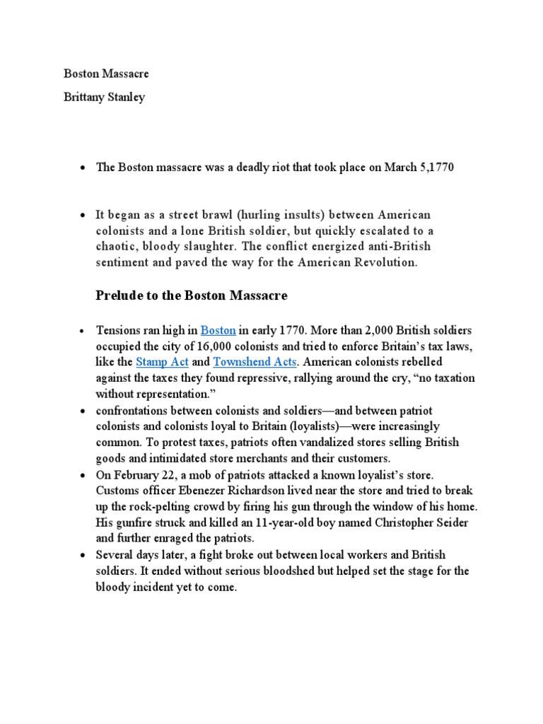 Prelude To The Boston Massacre: Boston Stamp Act Townshend Acts | PDF ...