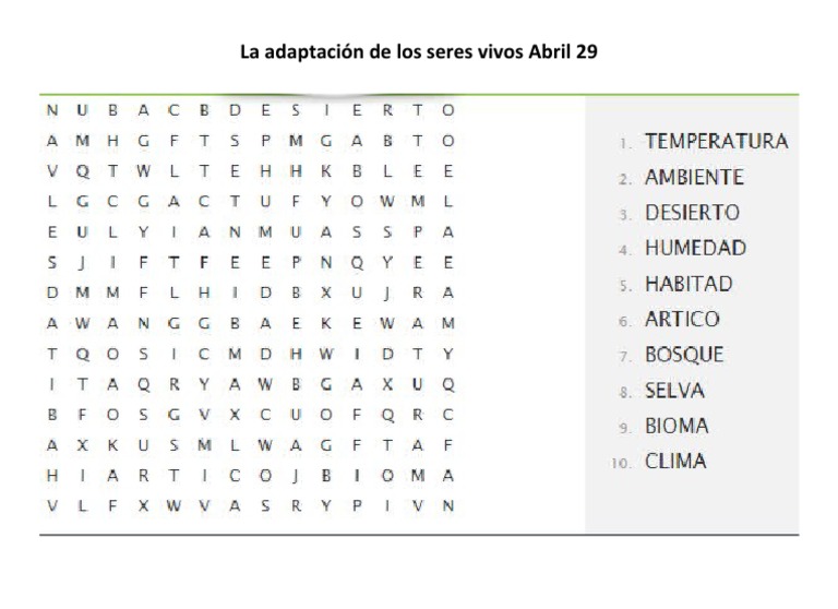 Sopa de Letras La Adaptación de Los Seres Vivos | PDF