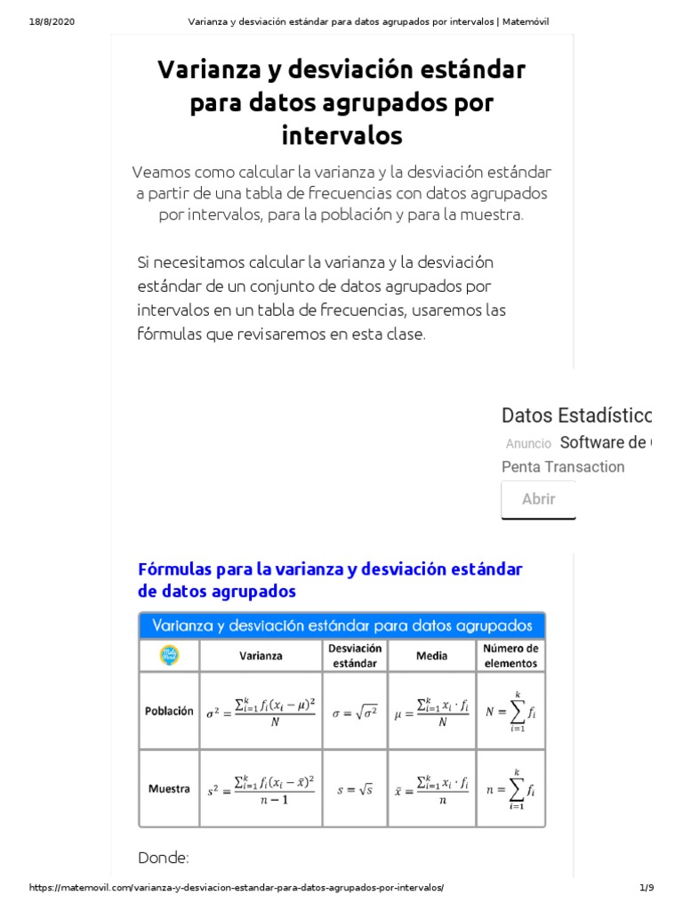 Varianza y Desviación Estándar para Datos Agrupados Por Intervalos | PDF | Desviación Estándar ...