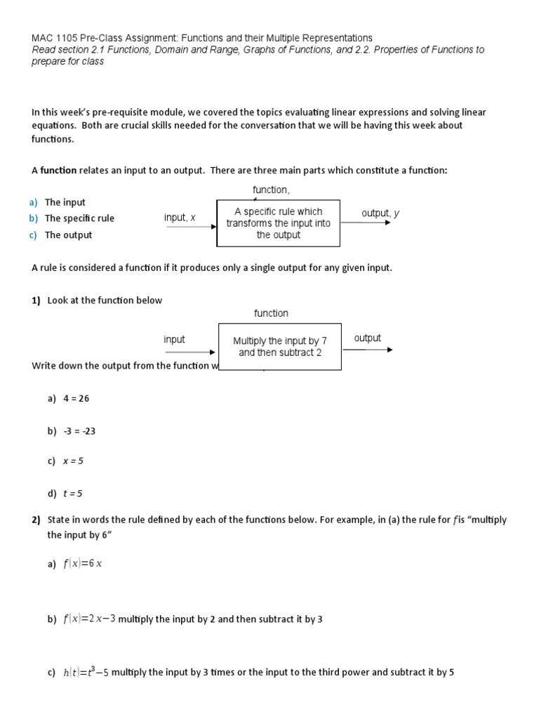 1105 Pre-Class Assignment Week 1 Class 1 (Functions and Their Multiple Representations) | PDF ...