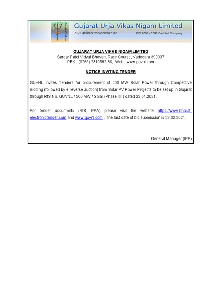 599 - GUVNL - 13 - 17 - 26 - Doc1 - Nit - Solar - Phase Xii For Newspaper23.01.2021 | PDF