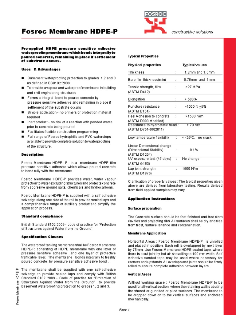 TDS Fosroc Membrane HDPE P India3 | PDF | Adhesive | Concrete