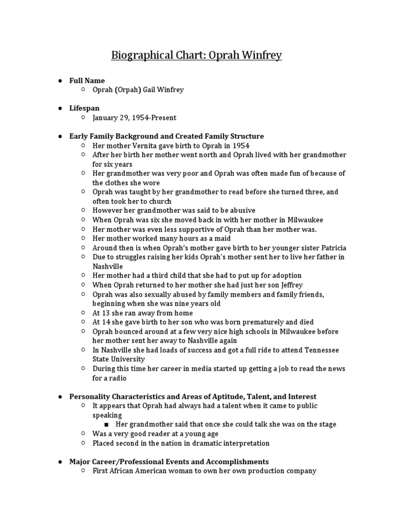 Biographical Chart Oprah Winfrey | PDF | Oprah Winfrey | Entertainment ...