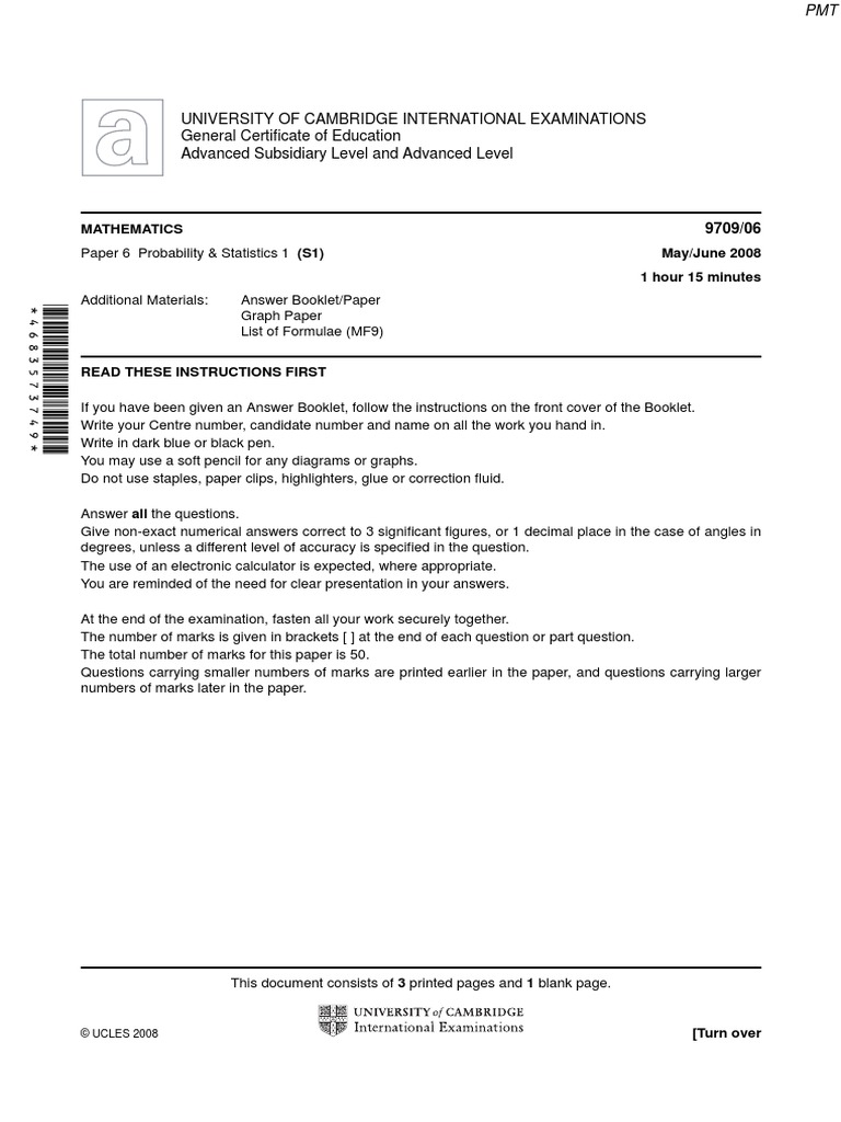 June 2008 QP - S1 CIE Maths A-Level | PDF | Statistics | Teaching ...