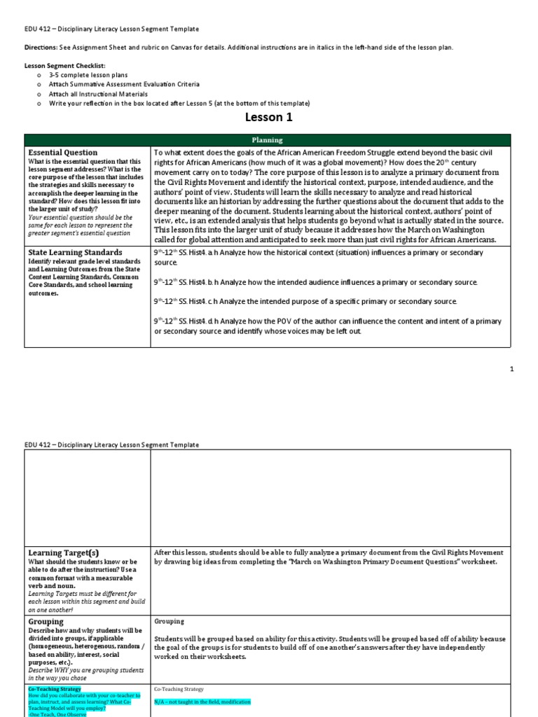 Edu 412 Disciplinary Literacy Lesson Segment Template | PDF ...