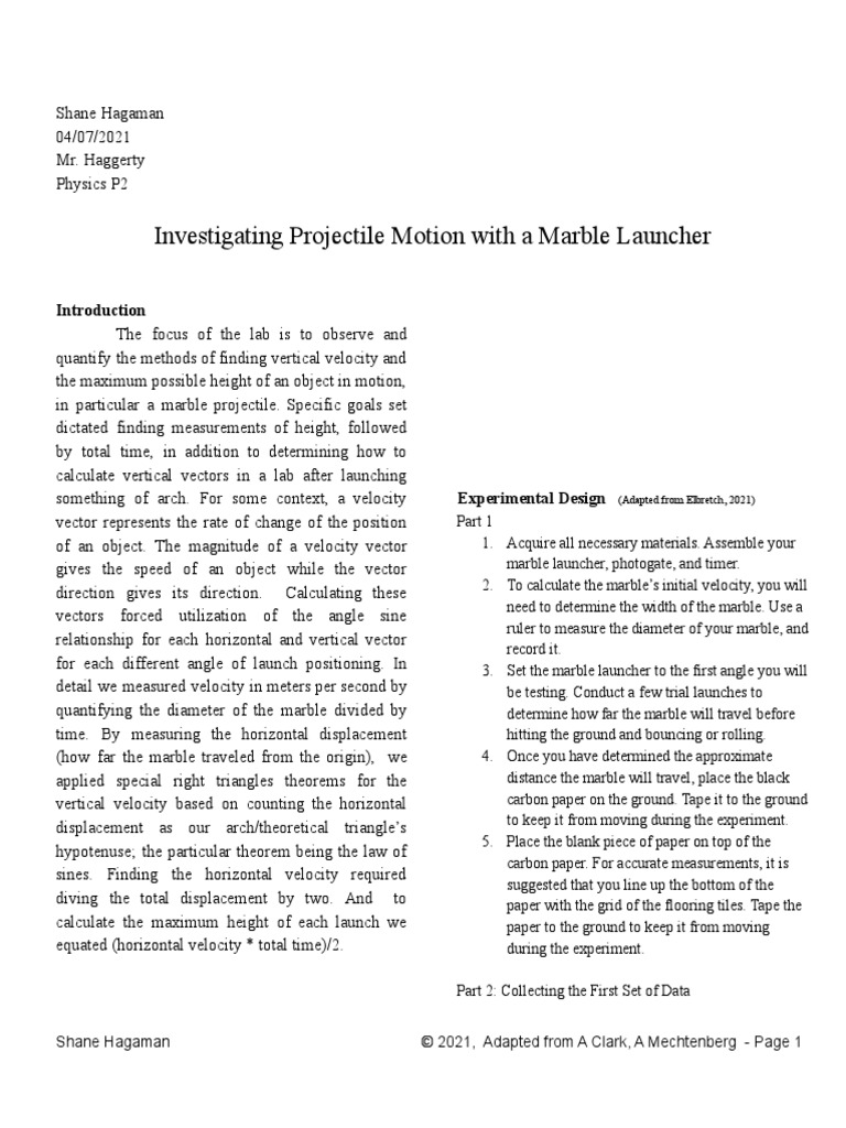 Shane Hagaman Investigating Projectile Motion Lab Marble Launcher | PDF ...