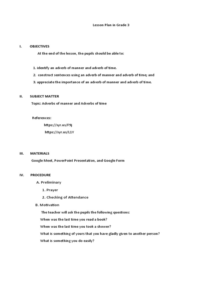 Adverbs of Manner and Time Lesson Plan | PDF | Adverb | Verb