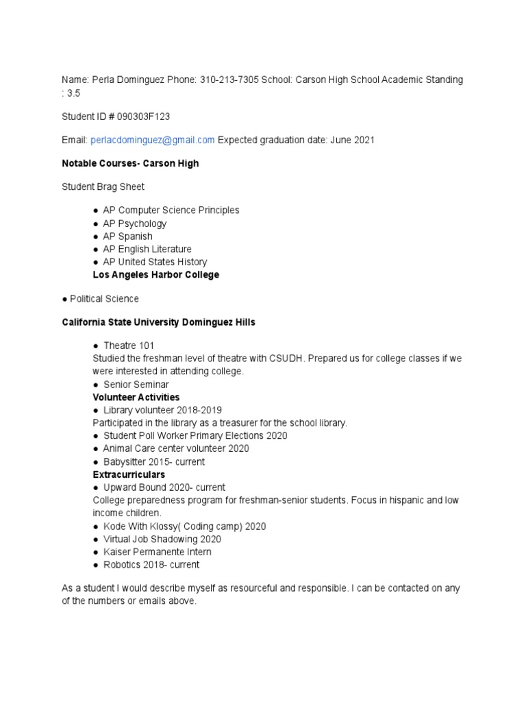 Brag Sheet | PDF