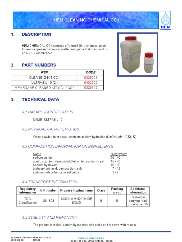Cleaning Chemical Cc1-Tech Specs-Eng-R2-Pt | PDF | Pump | Water