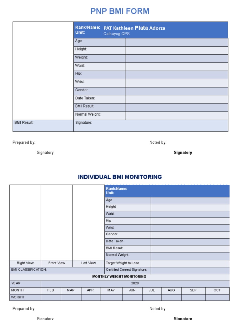 PNP Bmi Form: PAT Kathleen Plata Adorza | PDF