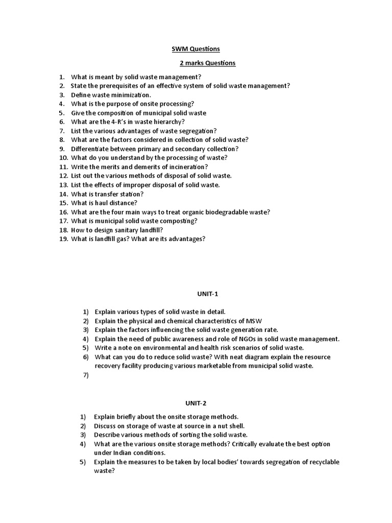 Question Bank of SWM | PDF | Municipal Solid Waste | Waste Management