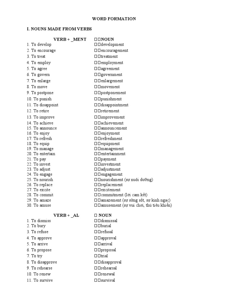 Word Formation I. Nouns Made From Verbs Verb + - Ment | Download Free ...