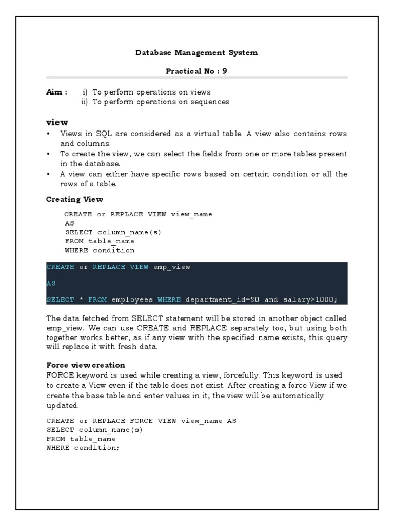 Database Management System Practical No: 9 Aim: I) To Perform ...
