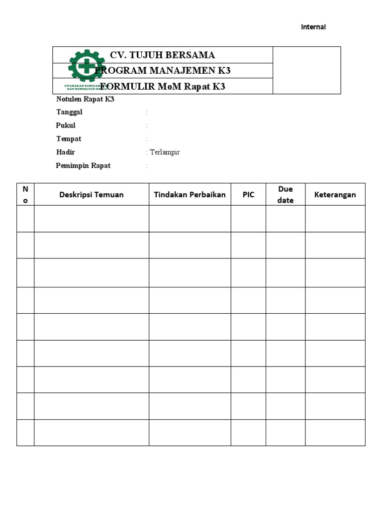Cv. Tujuh Bersama Program Manajemen K3 Formulir Mom Rapat K3 | PDF