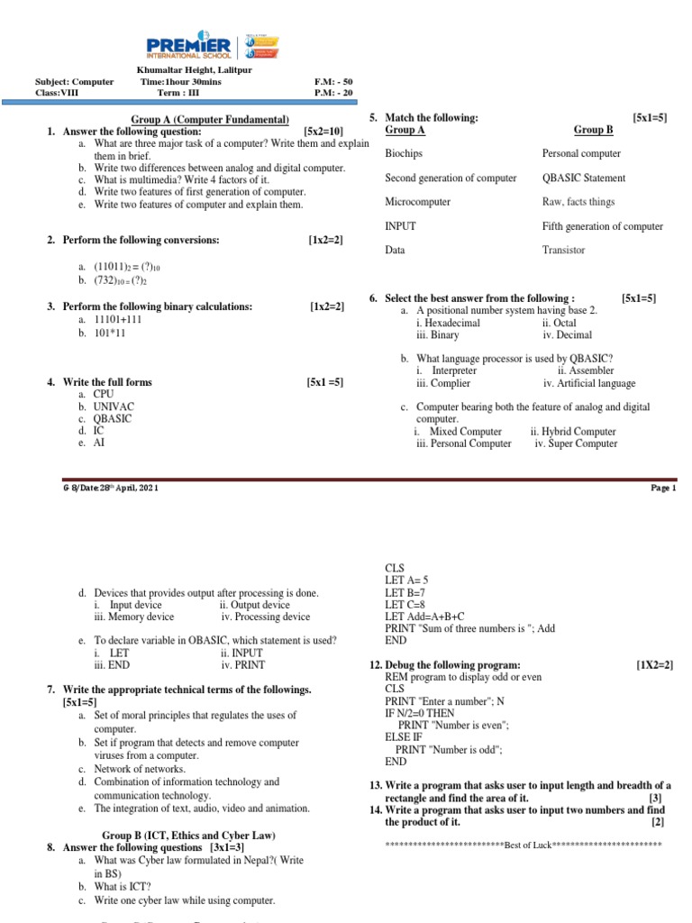 Class VIII Computer Exam Paper 2021 | PDF | Input/Output | Computer Program