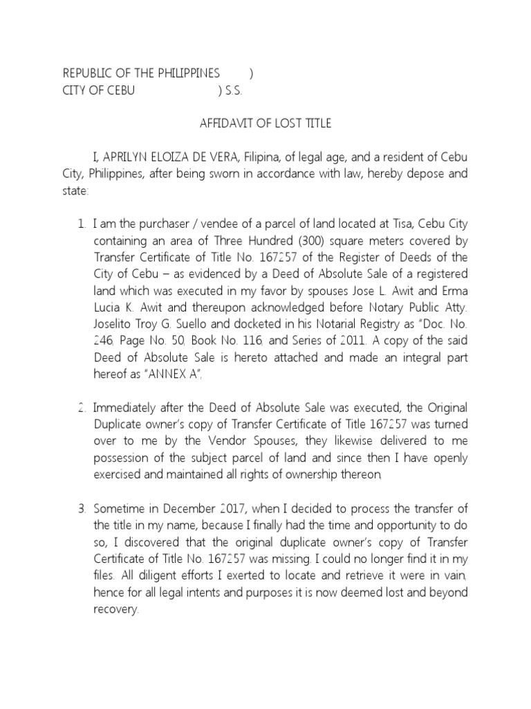 Affidavit of Lost Title | PDF | Affidavit | Notary Public