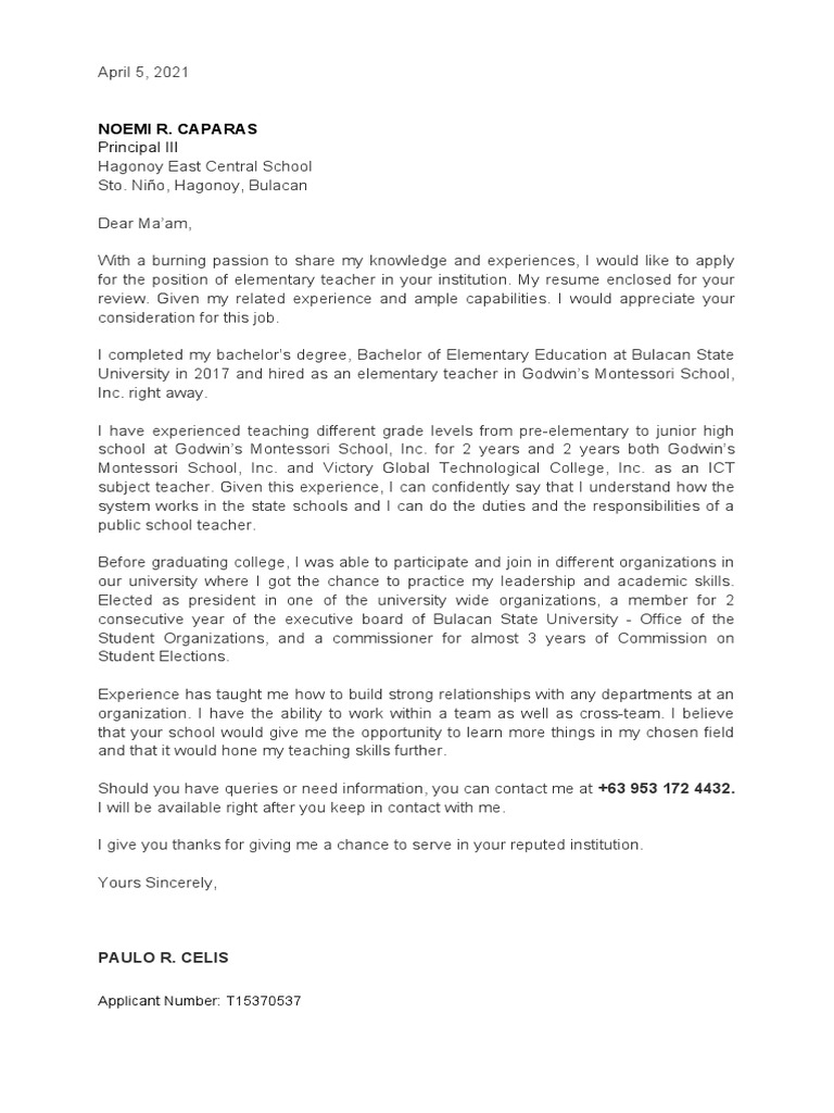 Elementary Teacher Job Application | PDF