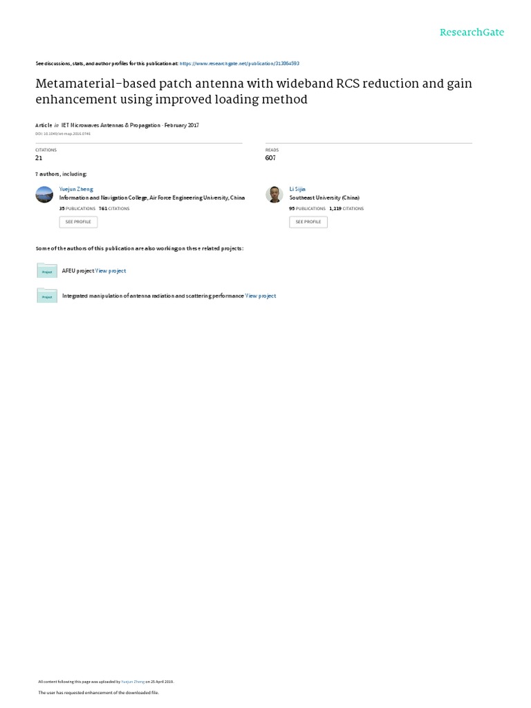 Metamaterial-Based Patch Antenna With Wideband RCS Reduction and Gain Enhancement Using Improved ...