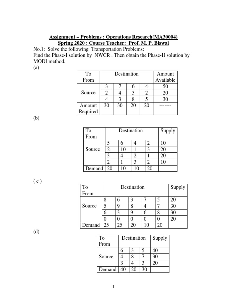 Assignment - Problems: Operations Research (MA30004) Spring 2020 ...