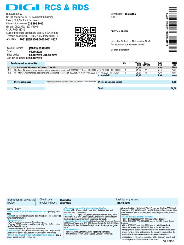 RCS & RDS S.A. client code and invoice details | PDF | Banks | Banking