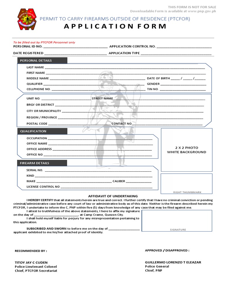 Application Form: Permit To Carry Firearms Outside of Residence (Ptcfor ...