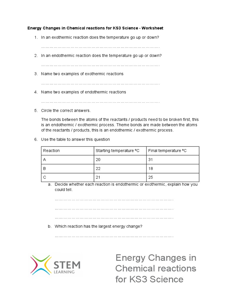 KS3 Energy Changes in Reactions Worksheet | PDF | Chemical Reactions ...
