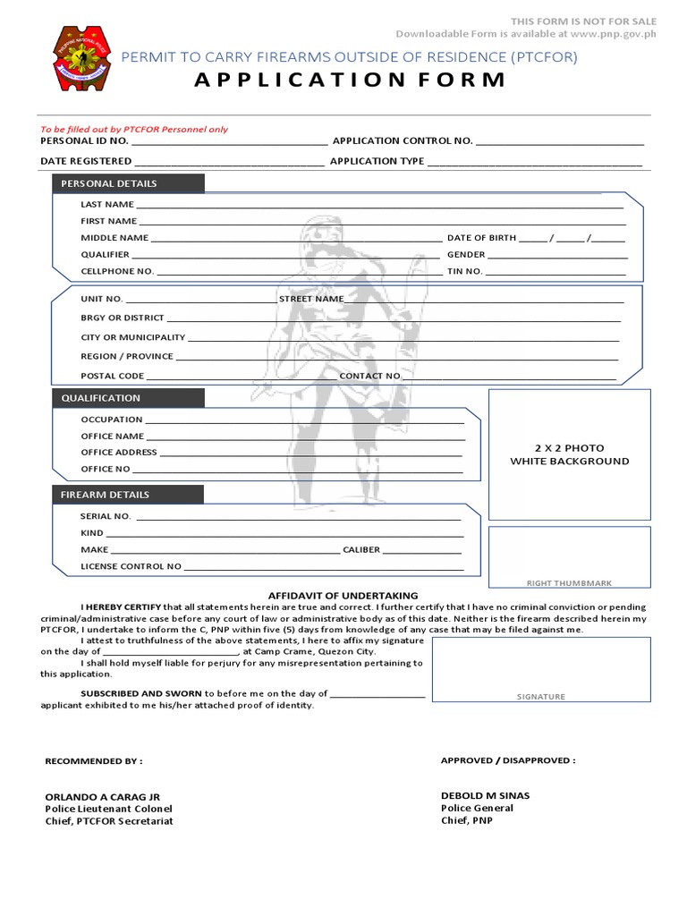 Application Form: Permit To Carry Firearms Outside of Residence (Ptcfor ...