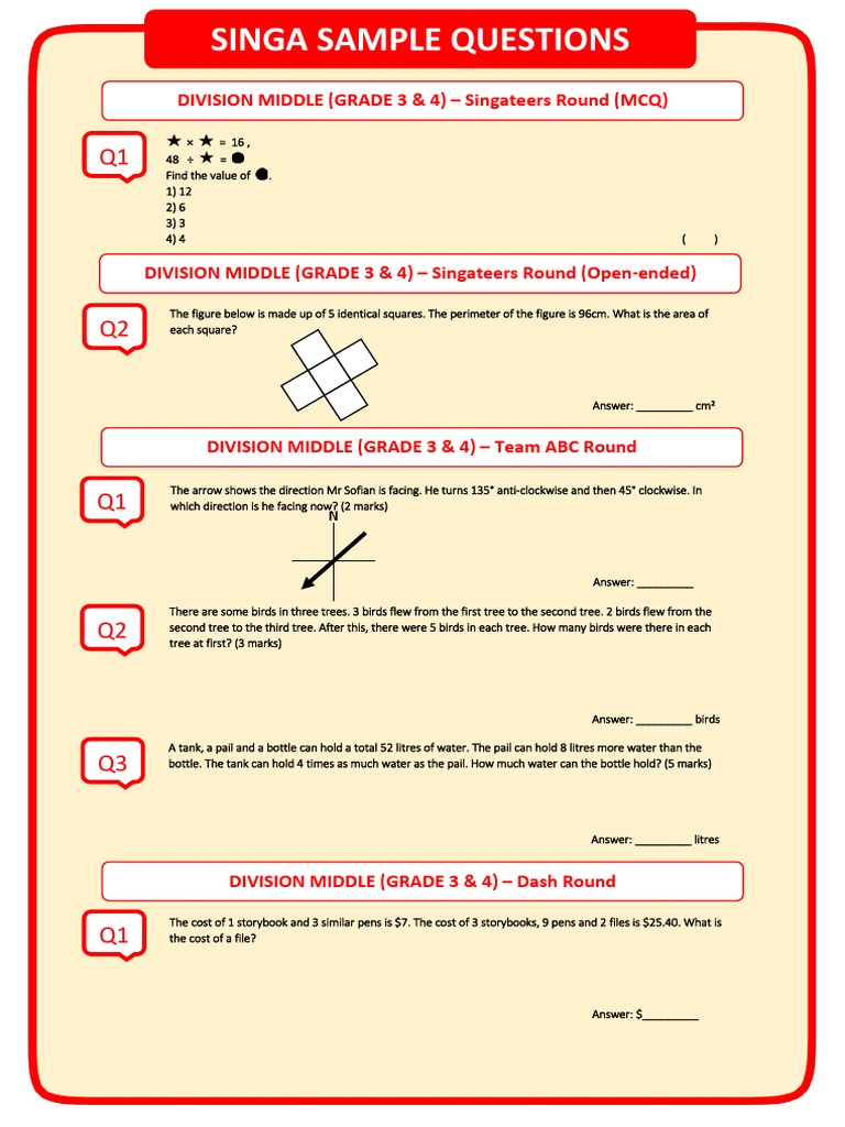 Singa Sample Questions: DIVISION MIDDLE (GRADE 3 & 4) - Singateers ...