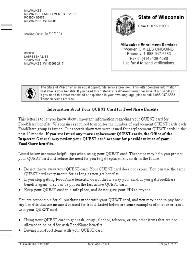 State of Wisconsin: Information About Your Quest Card For Foodshare ...