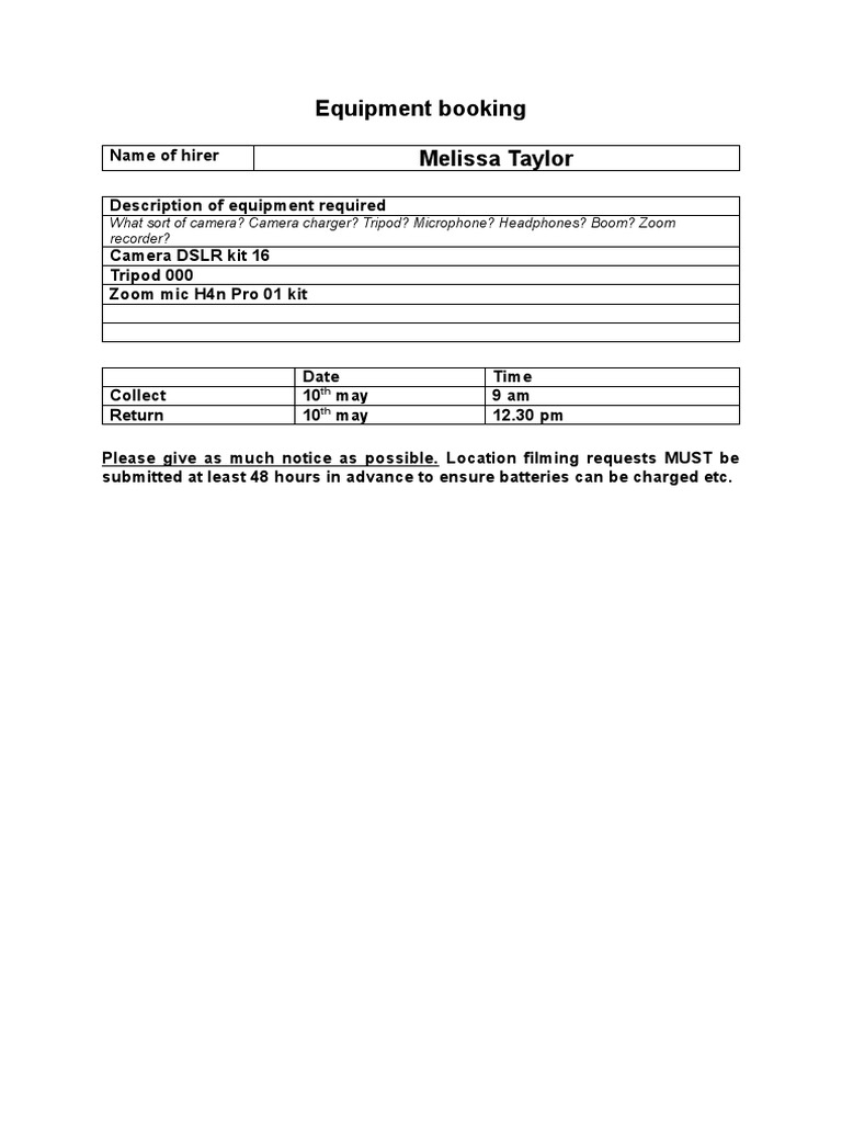 Camera Booking Paperwork l2 1 | PDF | Business