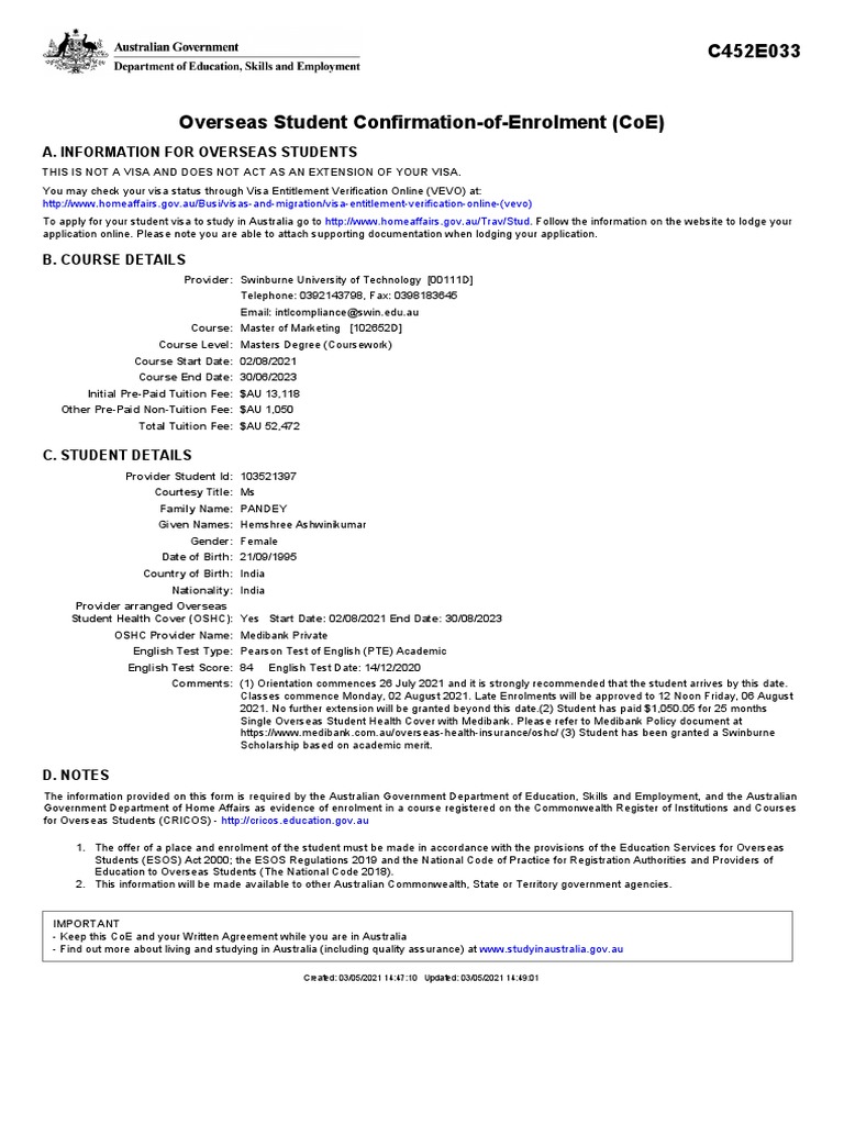 Overseas Student CoE | PDF | Australia | Further Education