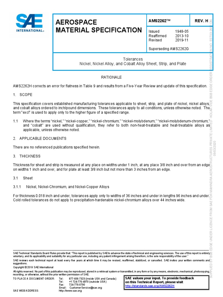 Aerospace Material Specification: Tolerances Nickel, Nickel Alloy, and ...