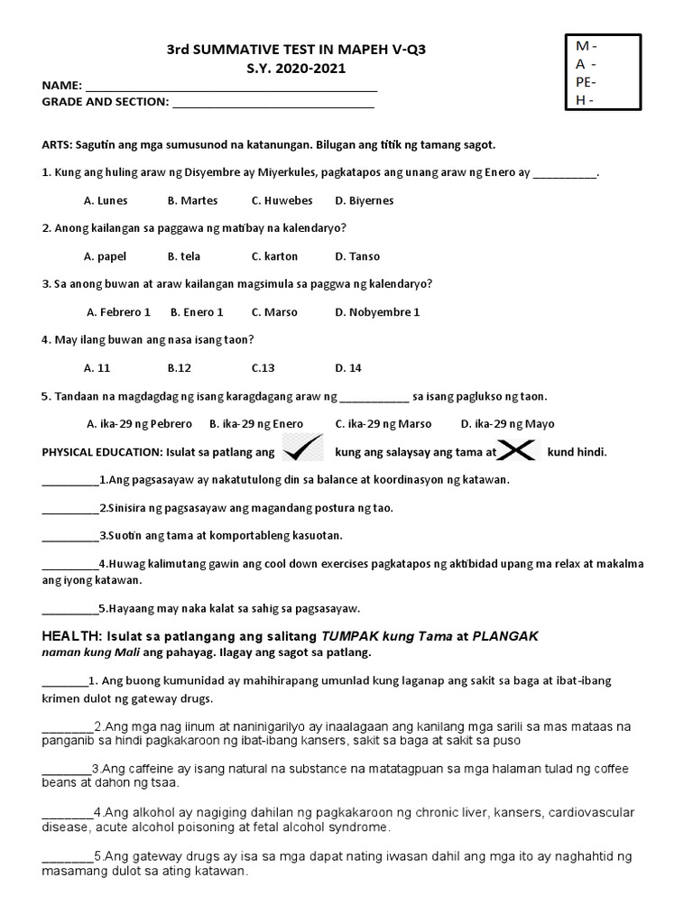 3rd SUMMATIVE TEST IN MAPEH V | PDF