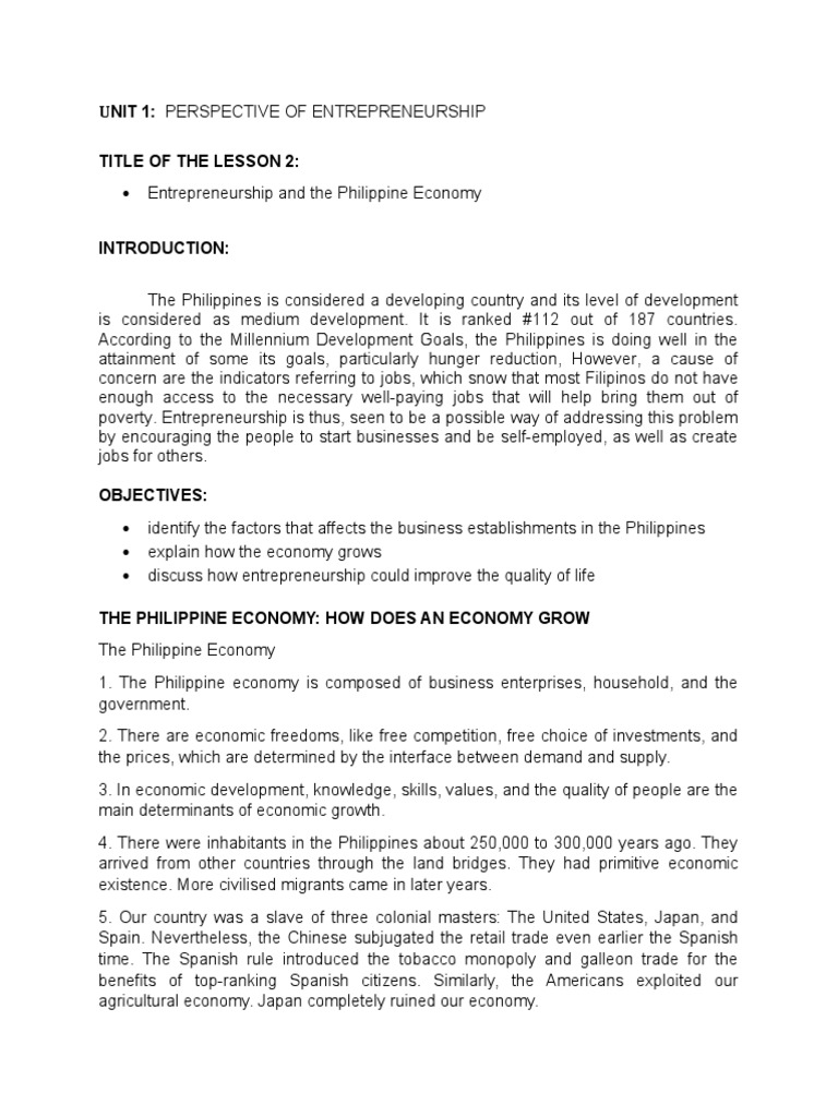 Lesson 2.entrep and The Philippine | PDF | Entrepreneurship | Economic ...