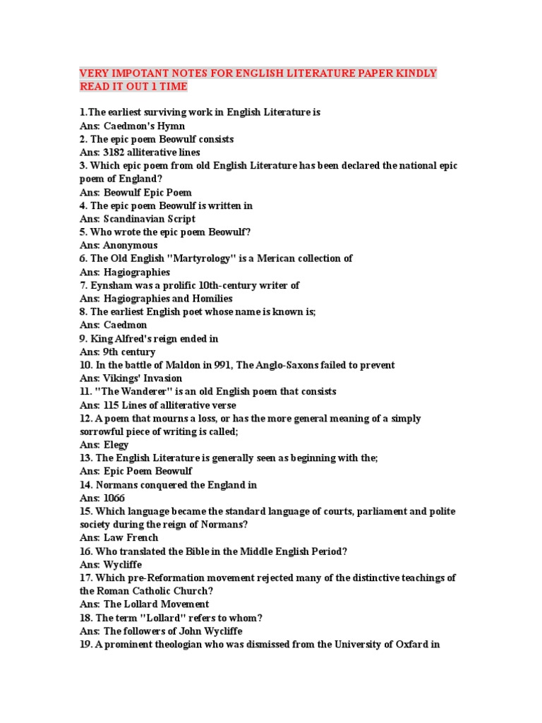 Very Impotant Notes For English Literature Paper K | PDF | English ...