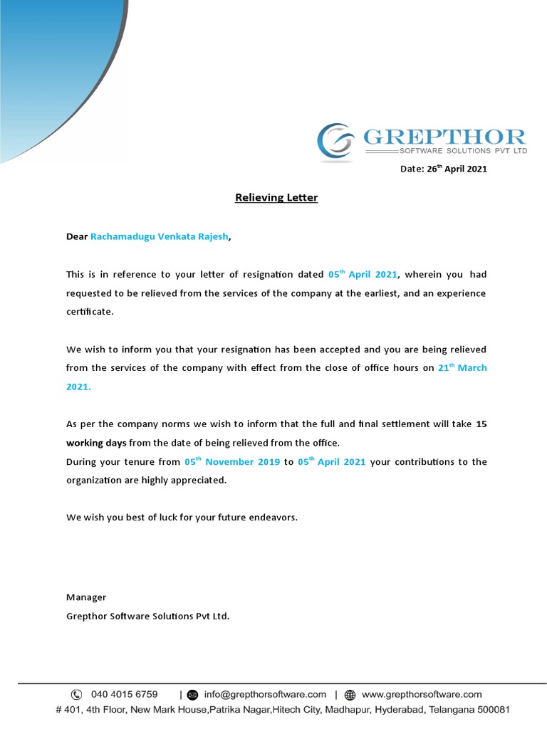 Rajesh Relieving Letter | PDF