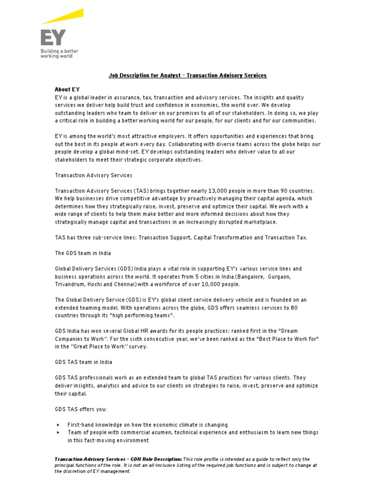 Job Description For Analyst - Transaction Advisory Services About EY ...