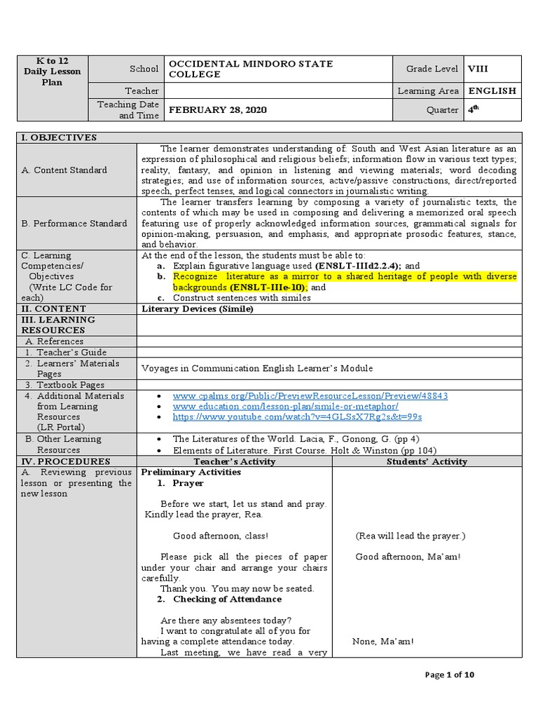 LESSON-PLAN-SIMILES Ciedelle Aranda BSED 2A | PDF | English Language | Learning