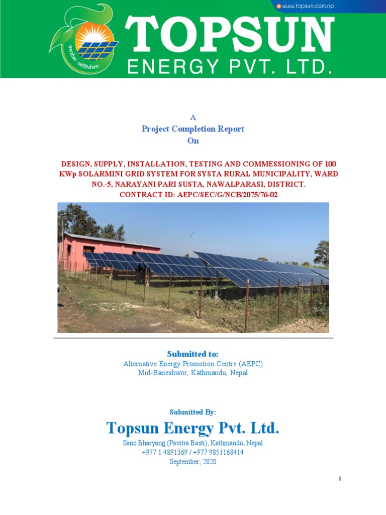Topsun Energy Pvt. LTD.: Project Completion Report On | PDF ...