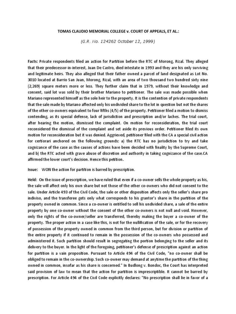 Tomas Claudio Memorial College V CA | PDF | Concurrent Estate | Courts