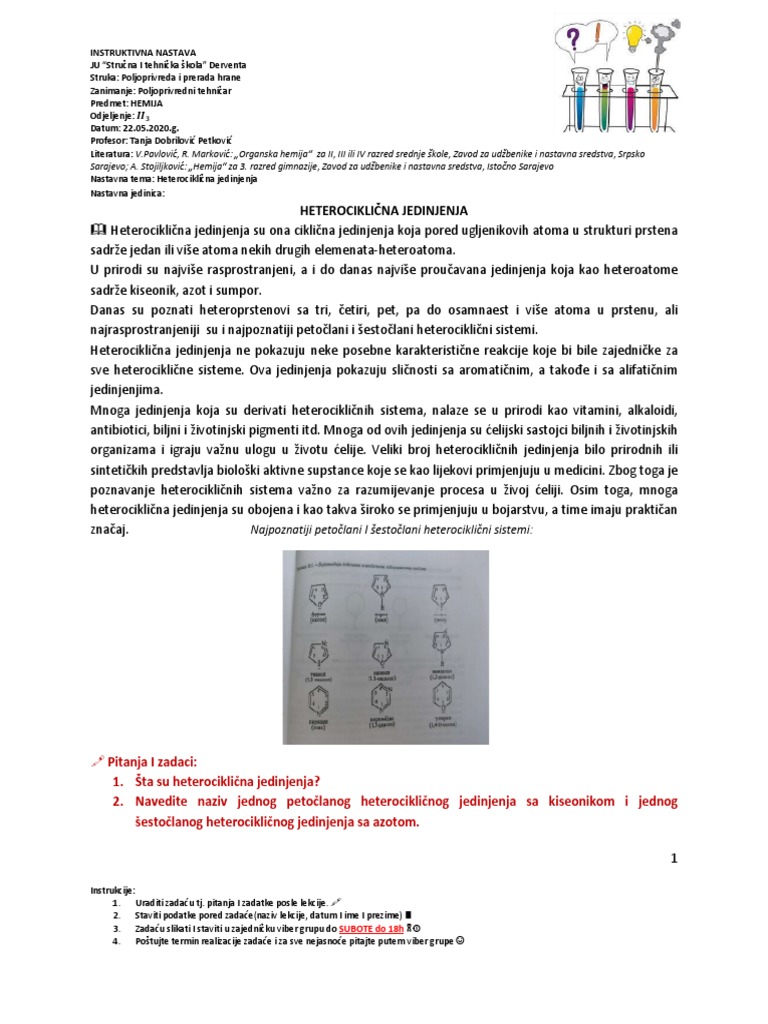 II 3 Hemija 22.05.2020.g. Heterociklicna Jedinjenja Ponavljanje Gradiva Hetrociklicna Jedinjenja ...